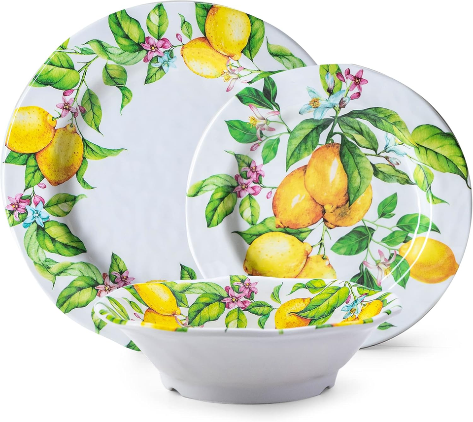 Lemon Melamine Dinnerware Dish Set – 12 Piece Indoor and Outdoor Plates ...