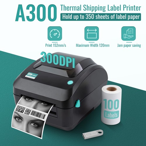 【300DPI】Label Printer Direct Thermal Shipping Address Barcode USB 100mm ...