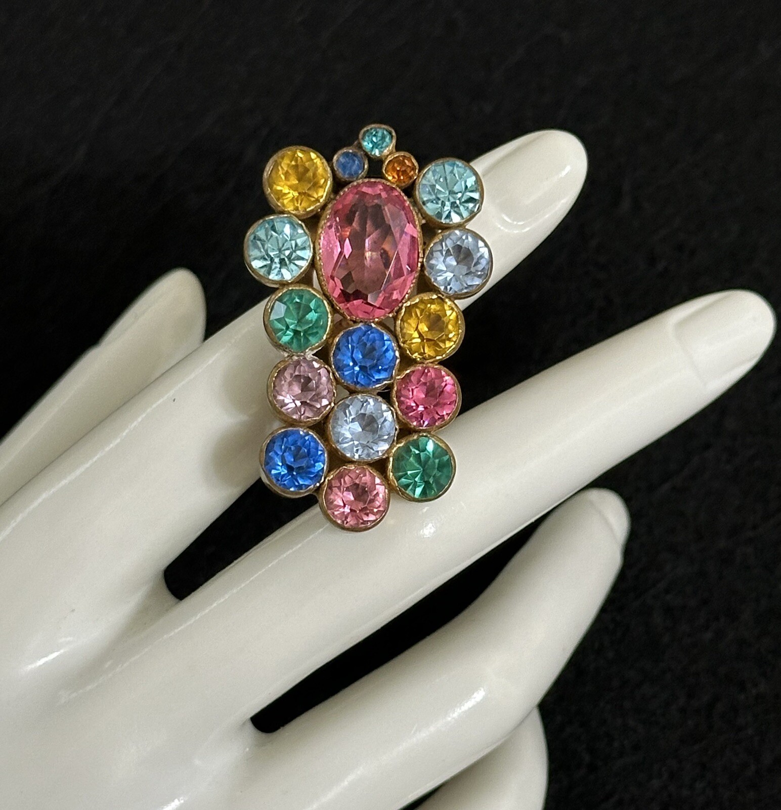 EARLY LARGE GORGEOUS FILIGREE MULTICOLOR RHINESTONE H… - Gem