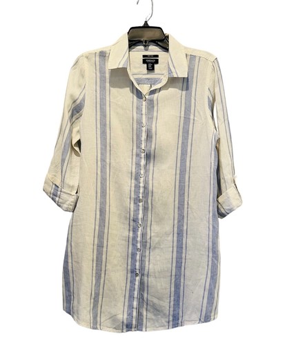 JNY White Blue Striped Linen Button Front Shirt Long Line Tunic Coastal ...