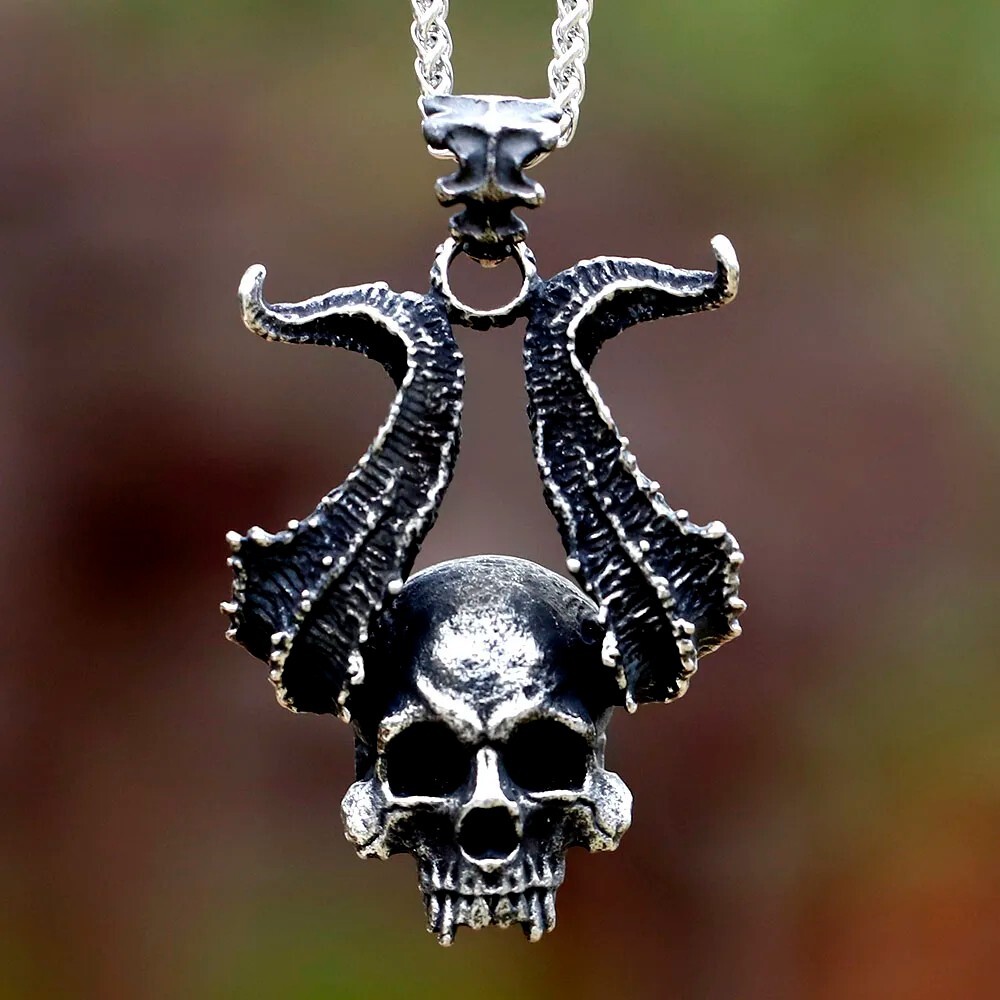 Stainless Steel Men's Necklace Satanic Satan Horned Skull Amulet Punk ...