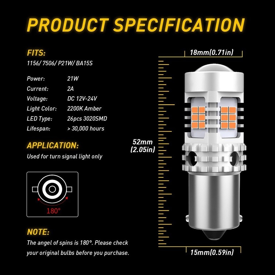 4PCS BA15S 1156 P21W 7506 Amber LED Turn Signal Indicator Light High ...