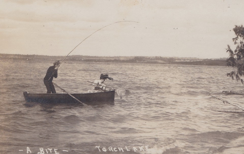 BEEBE Torch Lake Antrim Kalkaska MI RPPC 1907 FUN COUPLE FISH BITING ...