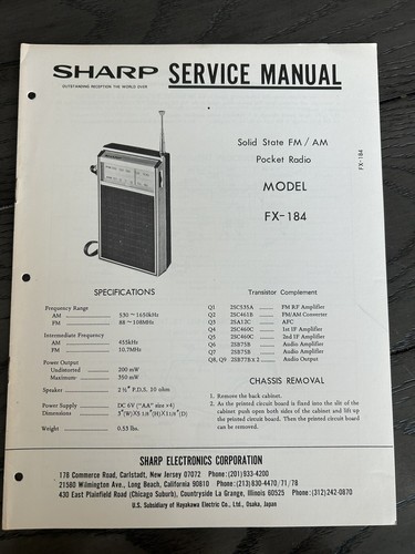 Sharp FX-184 Solid State Pocket FM/AM Radio Service Manual Vintage OEM Diagrams | eBay