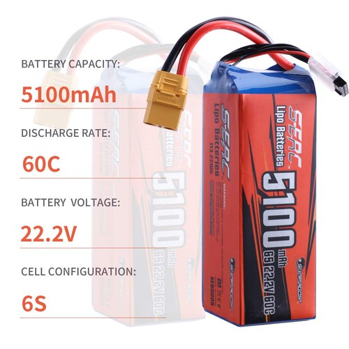 6S RC Lipo Battery 22.2V 60C 5100mAh with XT90 Connector for RC ...