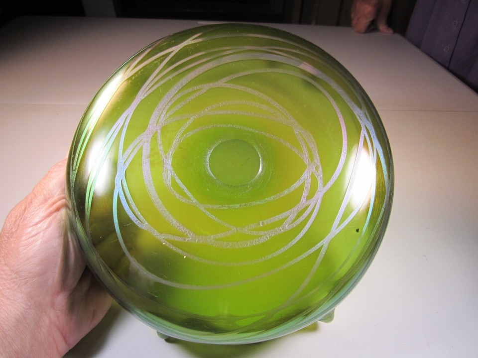 Antique Iridescent Green With Thread Decoations Loetz 9" Art Glass Bowl ...