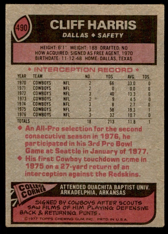 1977 Topps #490 Cliff Harris | eBay