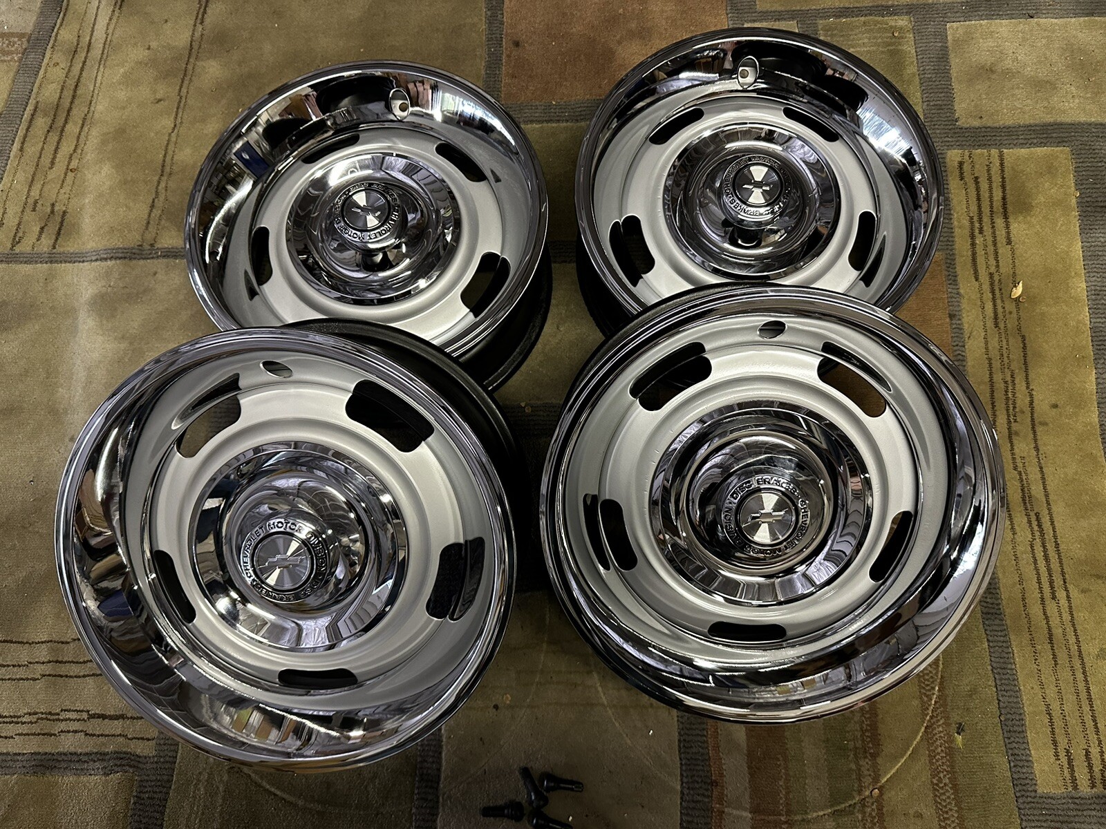 SET (4) CHEVY 15x6 RESTORED CORVETTE YS RALLY WHEELS REPRO CAPS & RINGS ...