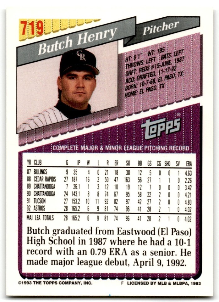 1993 Topps Gold Butch Henry Colorado Rockies #719 | eBay