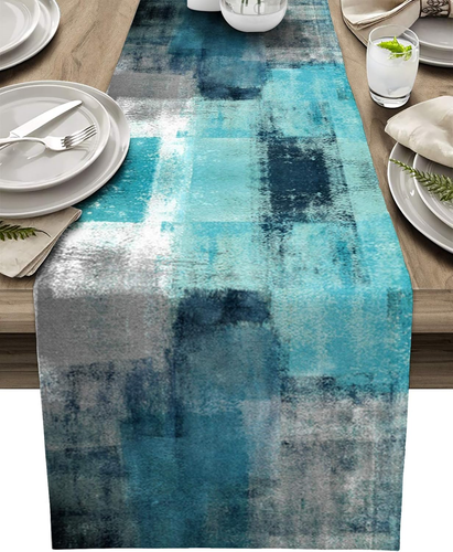 Turquoise Table Runner Dresser Scarves, Teal and Grey Abstract Art ...