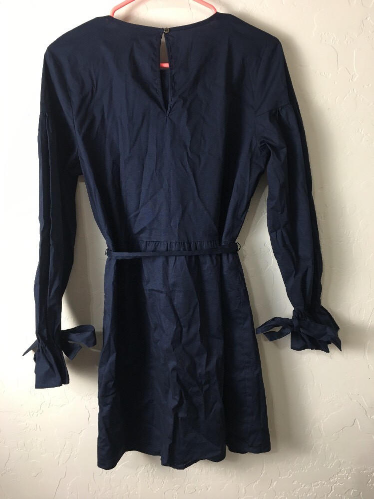$75 Womens WAYF Jeane Bell Sleeve Poplin Dress Navy Belted Size S new ...
