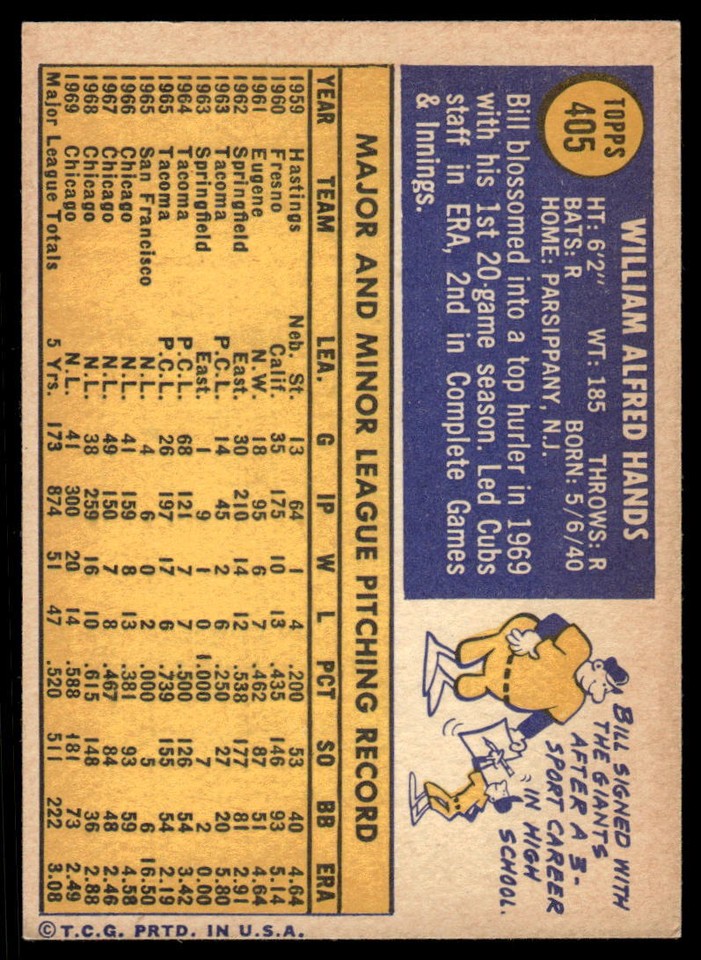 1970 Topps Bill Hands #405 Chicago Cubs Baseball Card | eBay