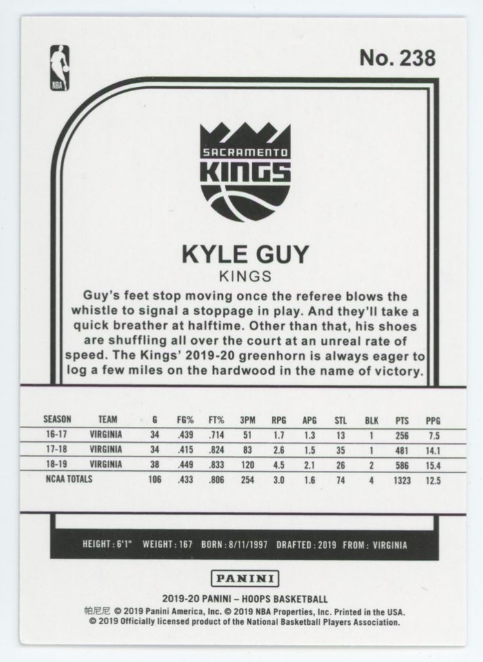 2019-20 Panini NBA Hoops RC Kyle Guy Rookie Sacramento Kings #238 | eBay