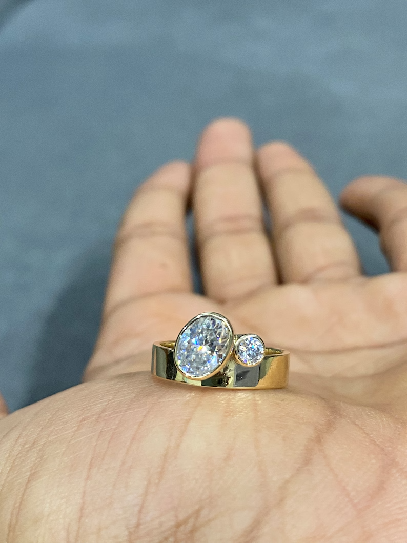 Wide Band Oval and Round Cut Bezel Set Engagement Ring 2 Stone Wedding ...