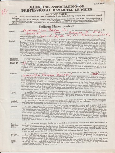 Brock Davis - Signed 1963 Oklahoma City 89ers Player Contract Houston ...