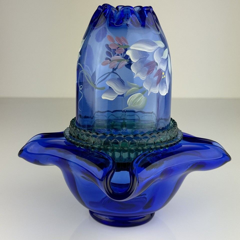 Fenton cobalt blue and green 3 Piece fairy lamp hand painted George W ...
