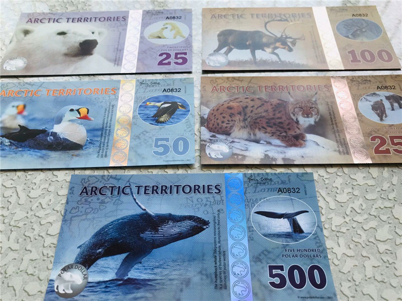 LOT 5 PCS,Arctic 25, 50, 100, 250, 500 commemorative test banknotes ...