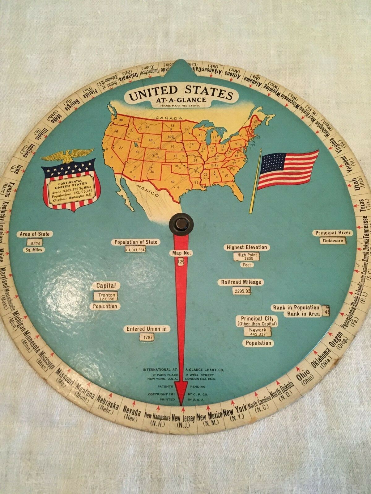VINTAGE UNITED STATES AT-A-GLANCE CHART MAP STATISTICS WHEEL 1931 48 ...
