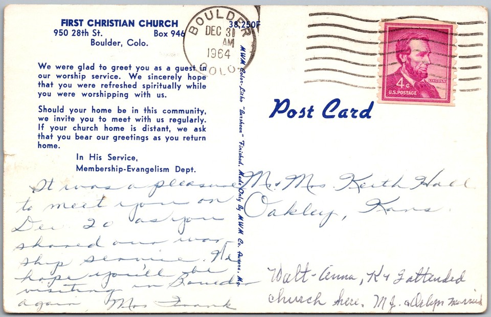 Vintage Postcard First Christian Church Boulder Colo Boulder, CO 1960s ...