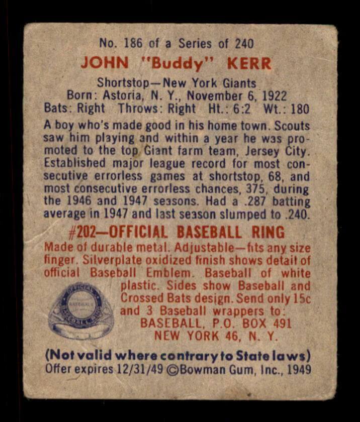 1949 Bowman #186 Buddy Kerr - GD | eBay