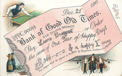Bank of Good Old Times 1907 Christmas pool billiardist champagne cheque ...