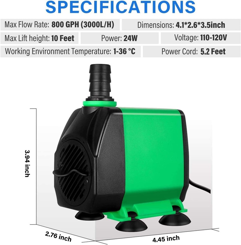 60W 800GPH Submersible Pump (3000L/H) 10ft High Lift for Fish Tank ...