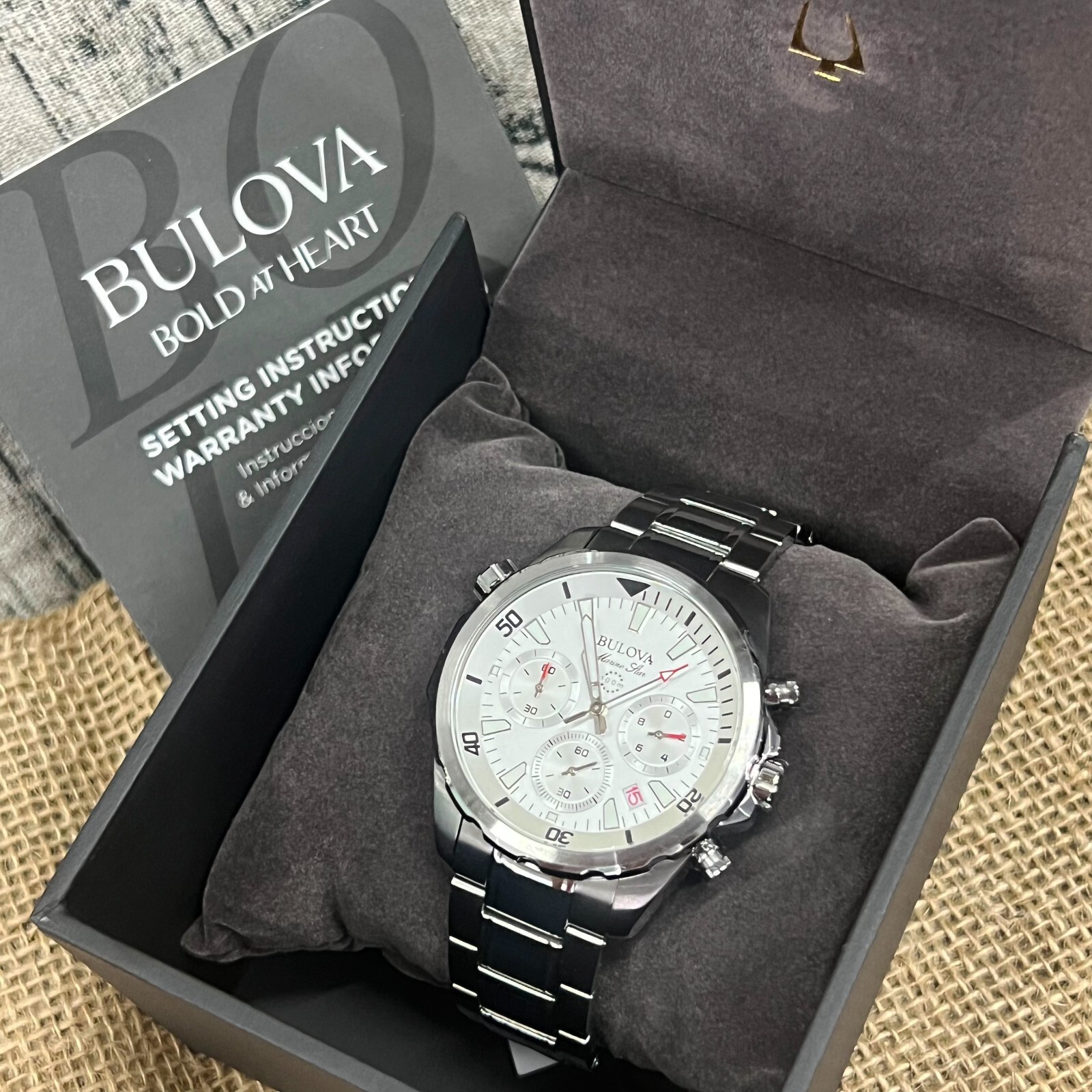 Bulova 96B255 MIYOTA 6S20 WATCH White Marine Star 6-Hand Chronograph Quartz