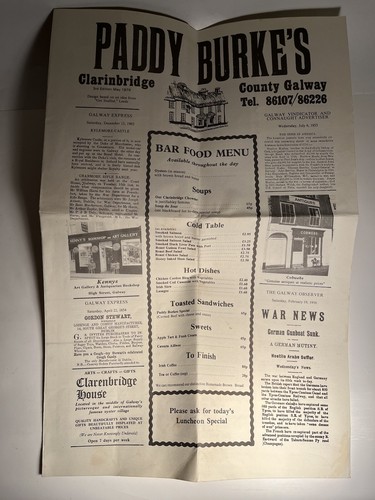 Vntg 1979 Paddy Burke’s Bar Clarinbridge Galway Ireland Newspaper Menu ...