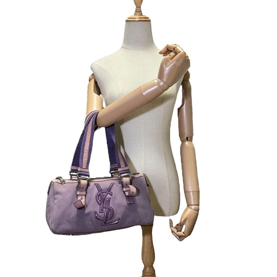 [Exc+4] Yves Saint Laurent Purple Canvas Cassandra logo Mini Boston bag ...