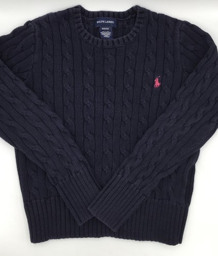 Ralph Lauren Navy Blue Pink Pony Cable Knit Sweater Girls Medium (8/10 ...