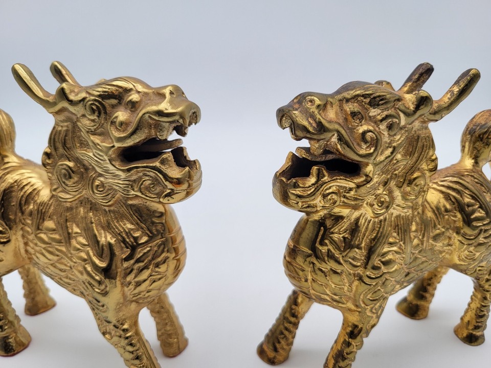 Vintage Chinese Brass Qilin Kirin Dragon Lion Mythical Beast Statues ...
