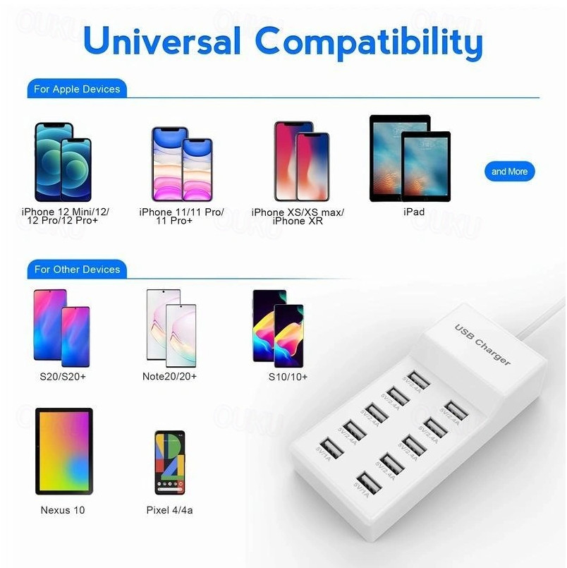 Multi 10-Ports USB Type-C Phone Charger Socket Fast Charging Station ...