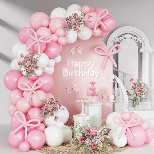 Pink Bow Balloon Arch Kit Pink and White Balloons Garland 91 Pcs ...