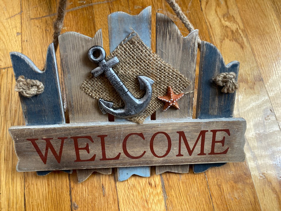 Coastal Decor Boat Welcome Sign Hanging Wooden Beach Blue Shells Anchor ...