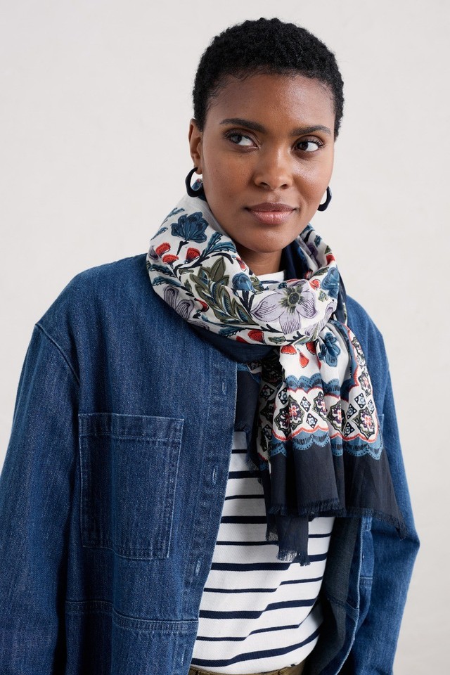 Seasalt Women's New Everyday Scarf Etched Bloom Border Chalk | eBay UK