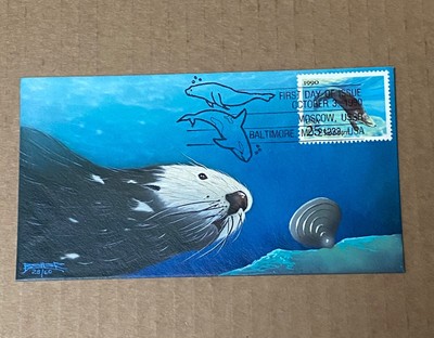 US FDC Ron Beller Cachet Hand-Painted #2510 Sea Creatures Sea Otter 28/ ...