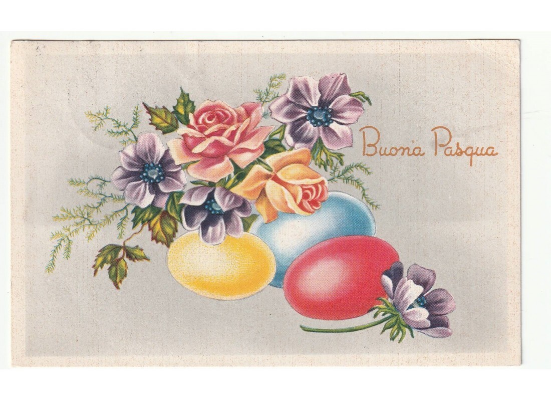 1957 Happy Easter vintage postcard colored eggs and flowers centerpiece ...