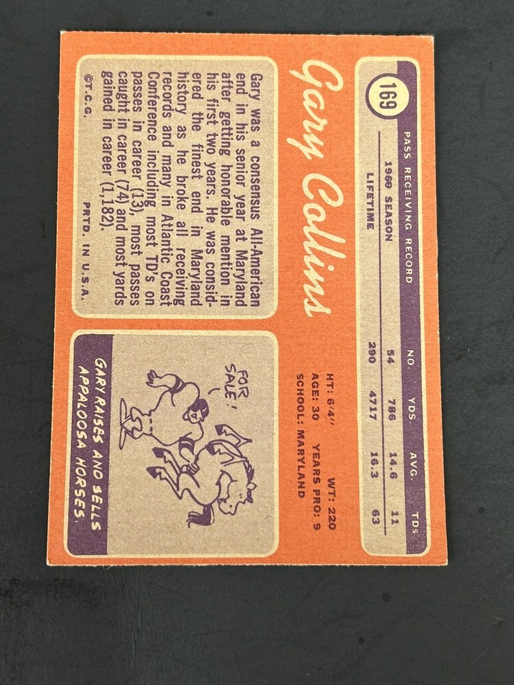1970 Topps Football #169 Gary Collins EX+ Cleveland Browns Maryland Set ...