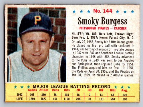 1963 POST CEREAL #144 SMOKY BURGESS PITTSBURGH PIRATES | eBay