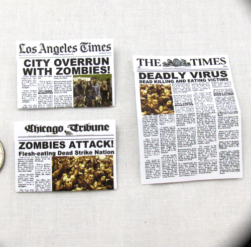 ZOMBIE APOCALYPSE NEWSPAPER Dollhouse 1:12 Scale Miniature Zombie ...