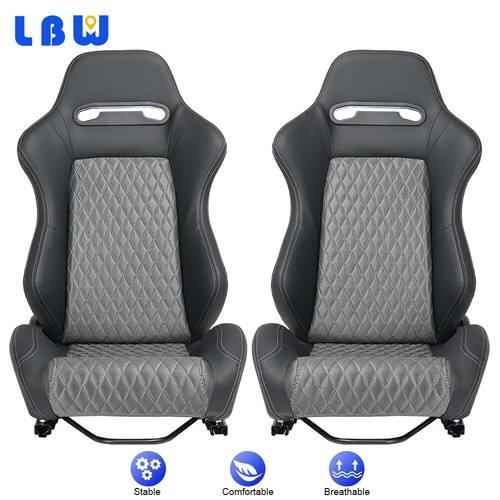 1 Pair Reclinable Racing Seats Black + Gray Fabric Adjustable Seats W/2 ...