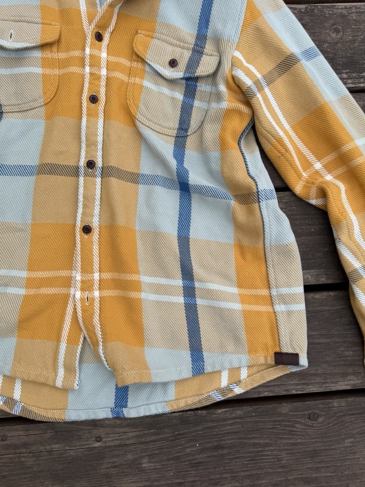 Outerknown Mens L Blanket Shirt Yellow Blue Button Pocket Shacket Plaid ...