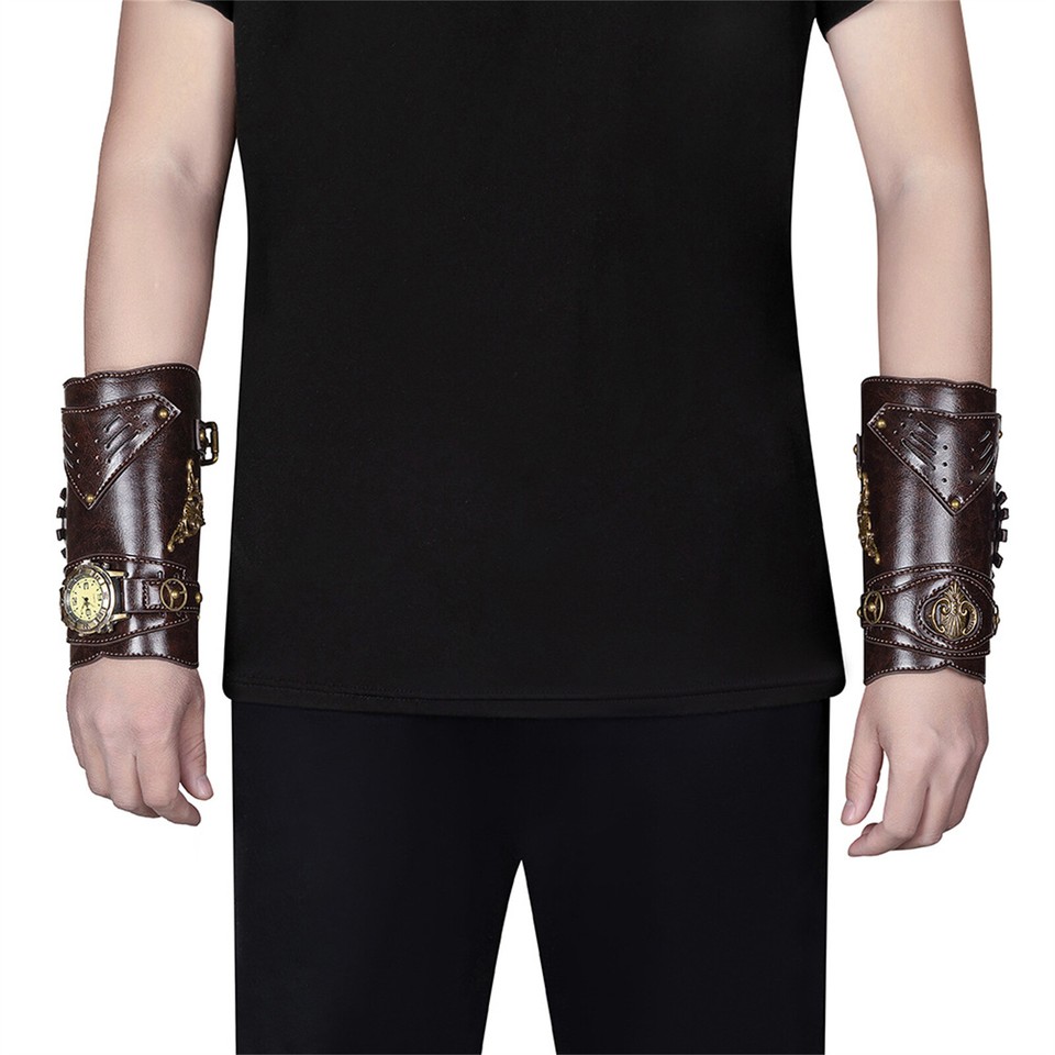 Men's Punk Leather Arm Cuff Watch Bracelet Wide Strap Wrap Gauntlet ...