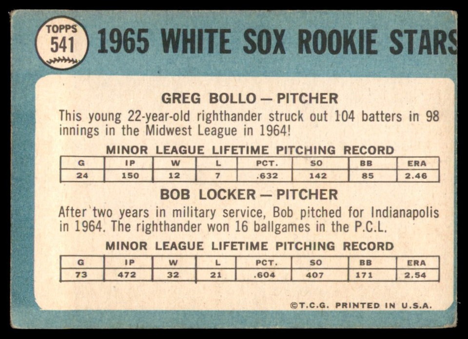 1965 Topps #541 White Sox Rookie Stars Greg Bollo / Bob Locker VG/EX ...