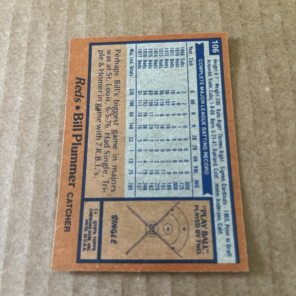 1978 Topps Bill Plummer Cincinnati Reds 106 Free Shipping | eBay