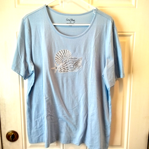 Coral Bay Women's sz XL Light Blue Tee embroidered w/rhinestone sea ...