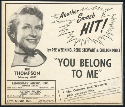 1952 Sue Thompson photo You Belong To Me record release vintage trade ...