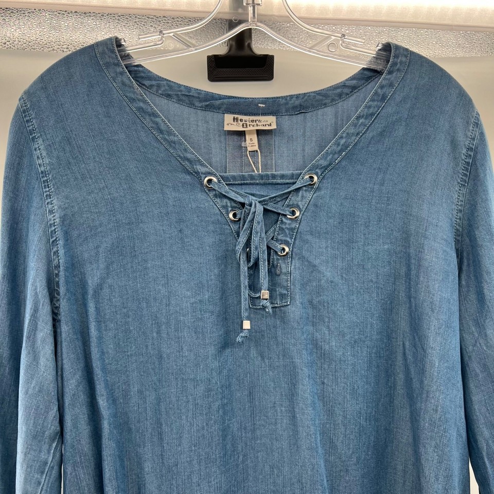 Hester & Orchard Womens Pullover Top Long Sleeve Crisscross Tie Neck Blue S New | eBay