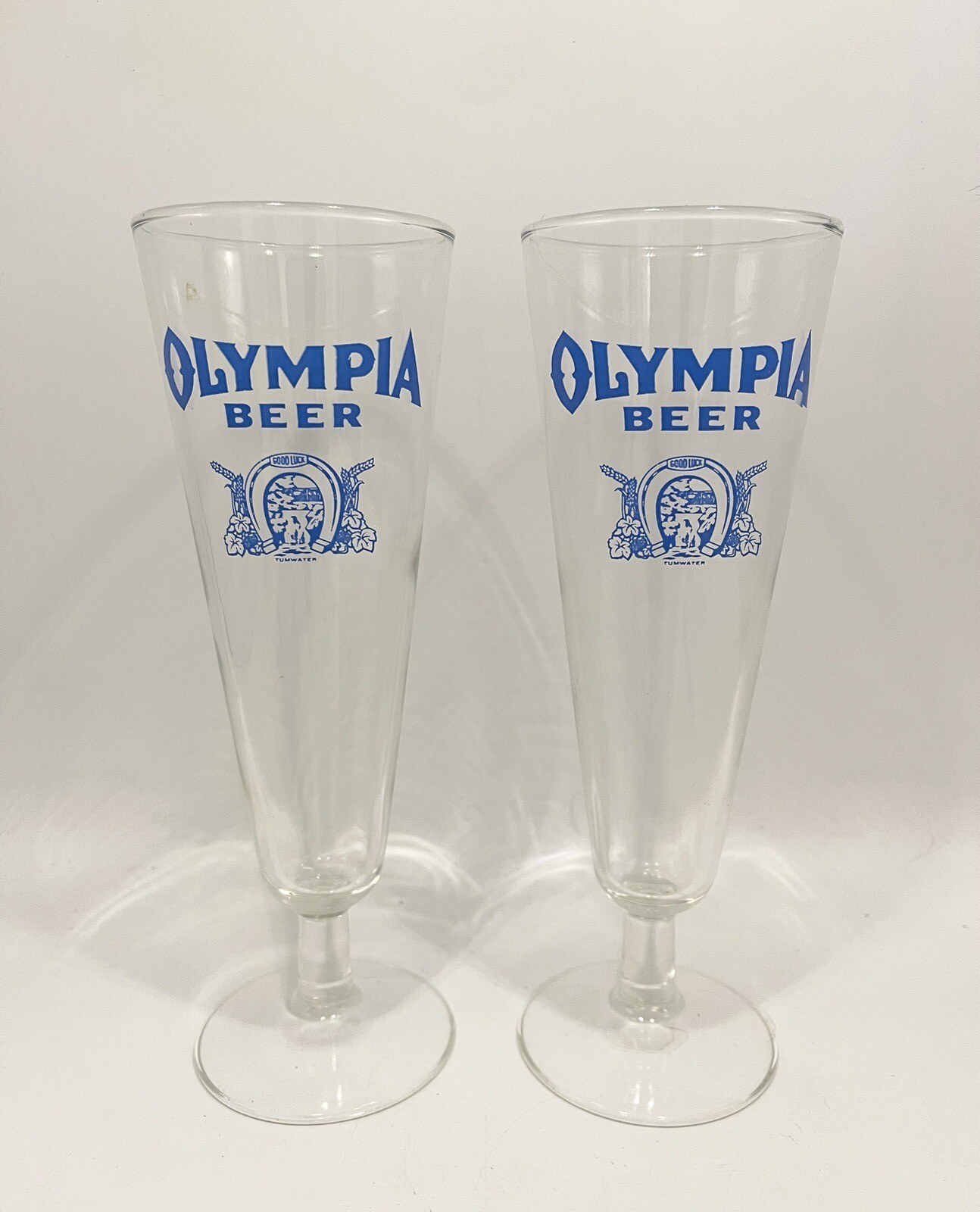 Set of 2 Vintage OLYMPIA Beer Glasses 8.5" Pilsner Blue Good Luck Logo ...