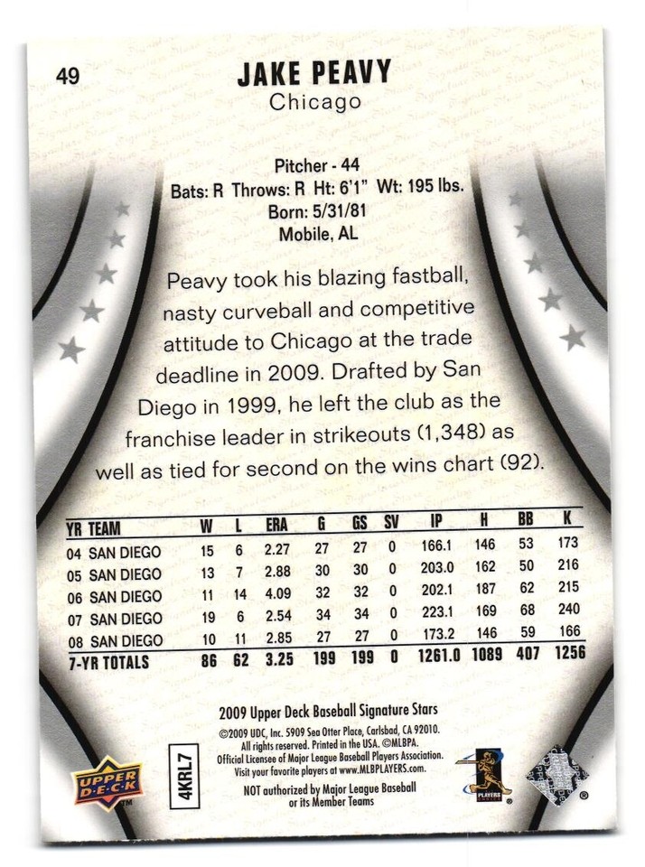 2009 Upper Deck Signature Stars #49 Jake Peavy | eBay